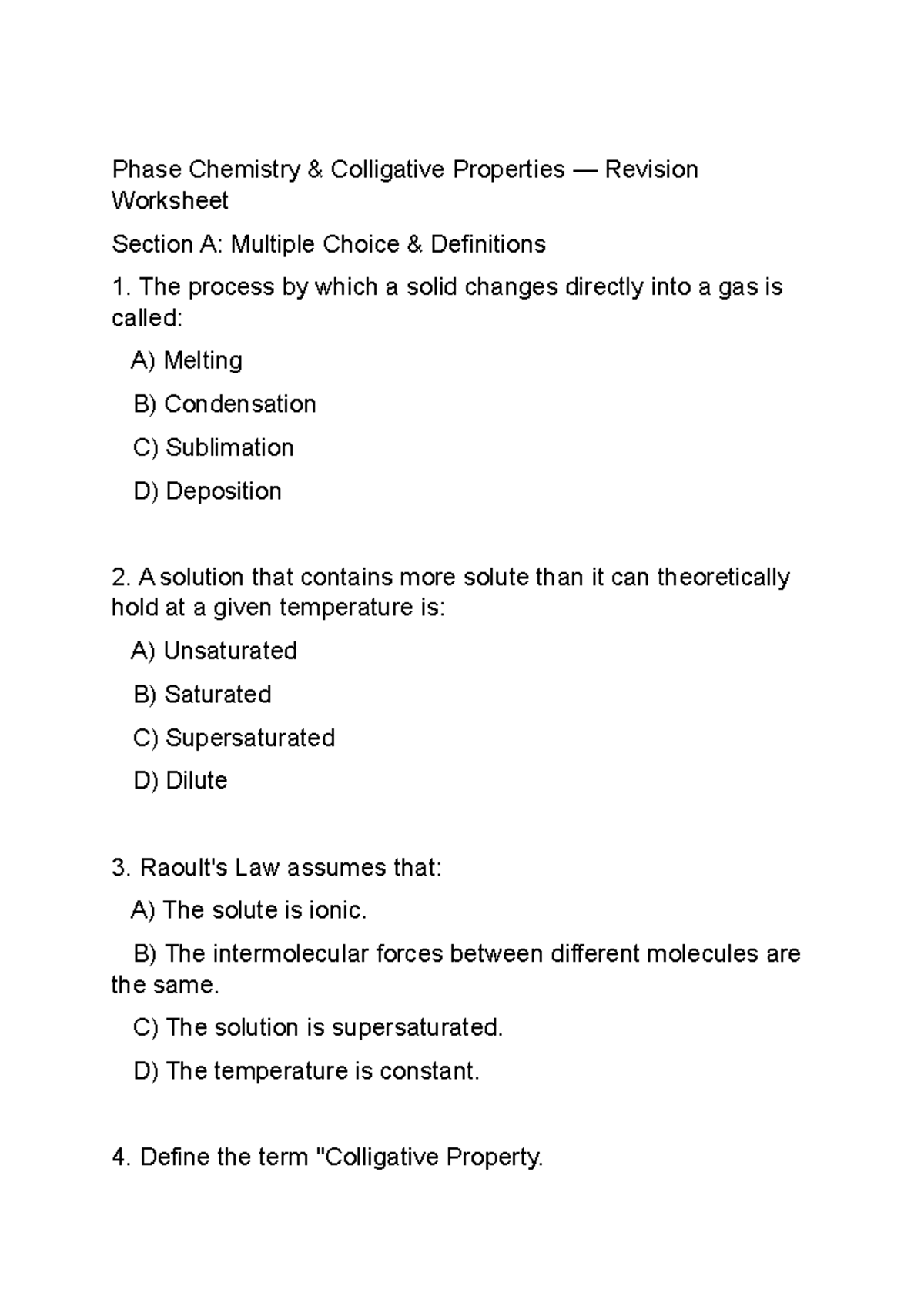 Phase Chemistry - Colligative Properties Revision Worksheet - Studocu