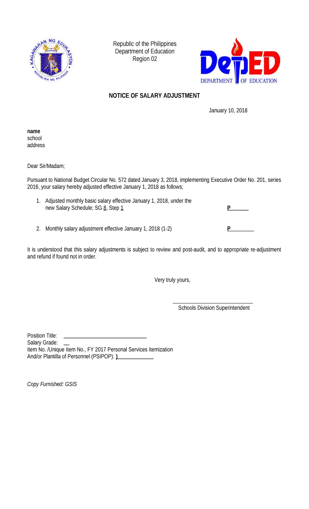 Salary Adjustment Notice - January 2018 for SG 8 Step 1 - Studocu