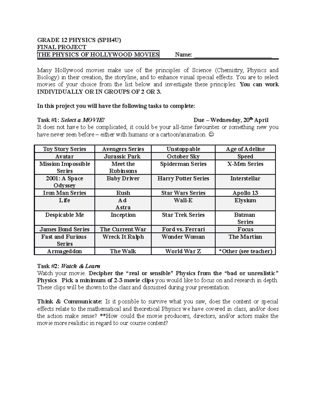 SPH4U Final Project - Movie - GRADE 12 PHYSICS (SPH4U) FINAL PROJECT ...