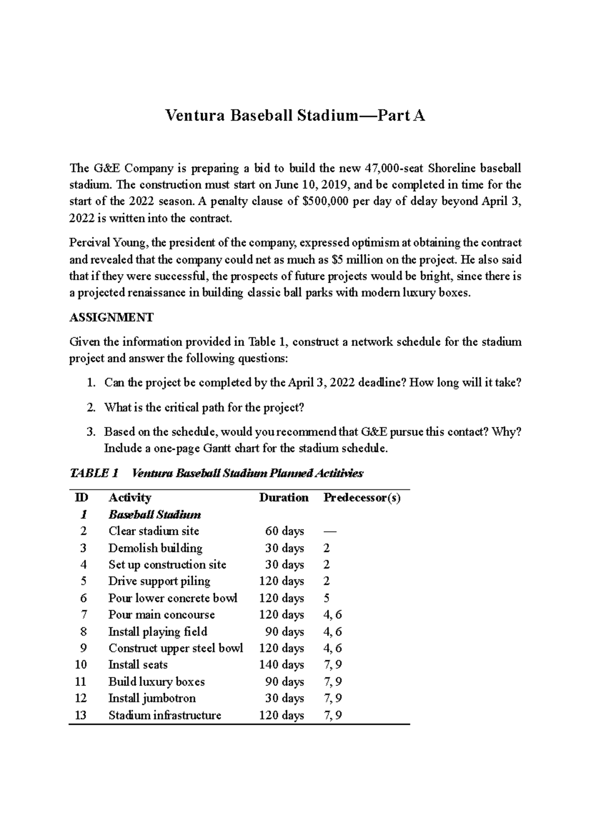Case Study - Ventura Baseball Stadium Project Bid Analysis - Studocu