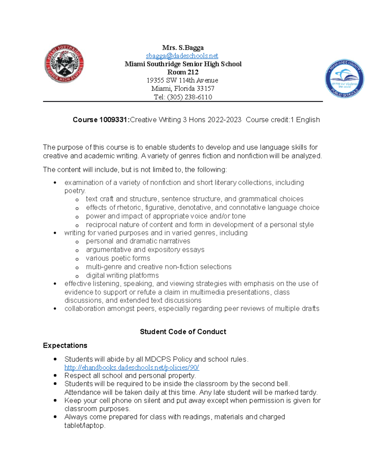 Creative Writing 3 Hons Syllabus - Mrs. S sbagga@dadeschools Miami ...