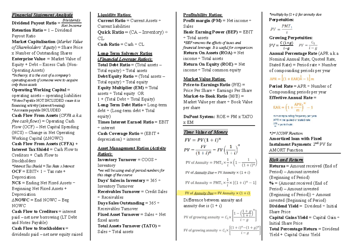 FIN2704 Midterm Cheat Sheet: Financial Statement Analysis & Ratios ...
