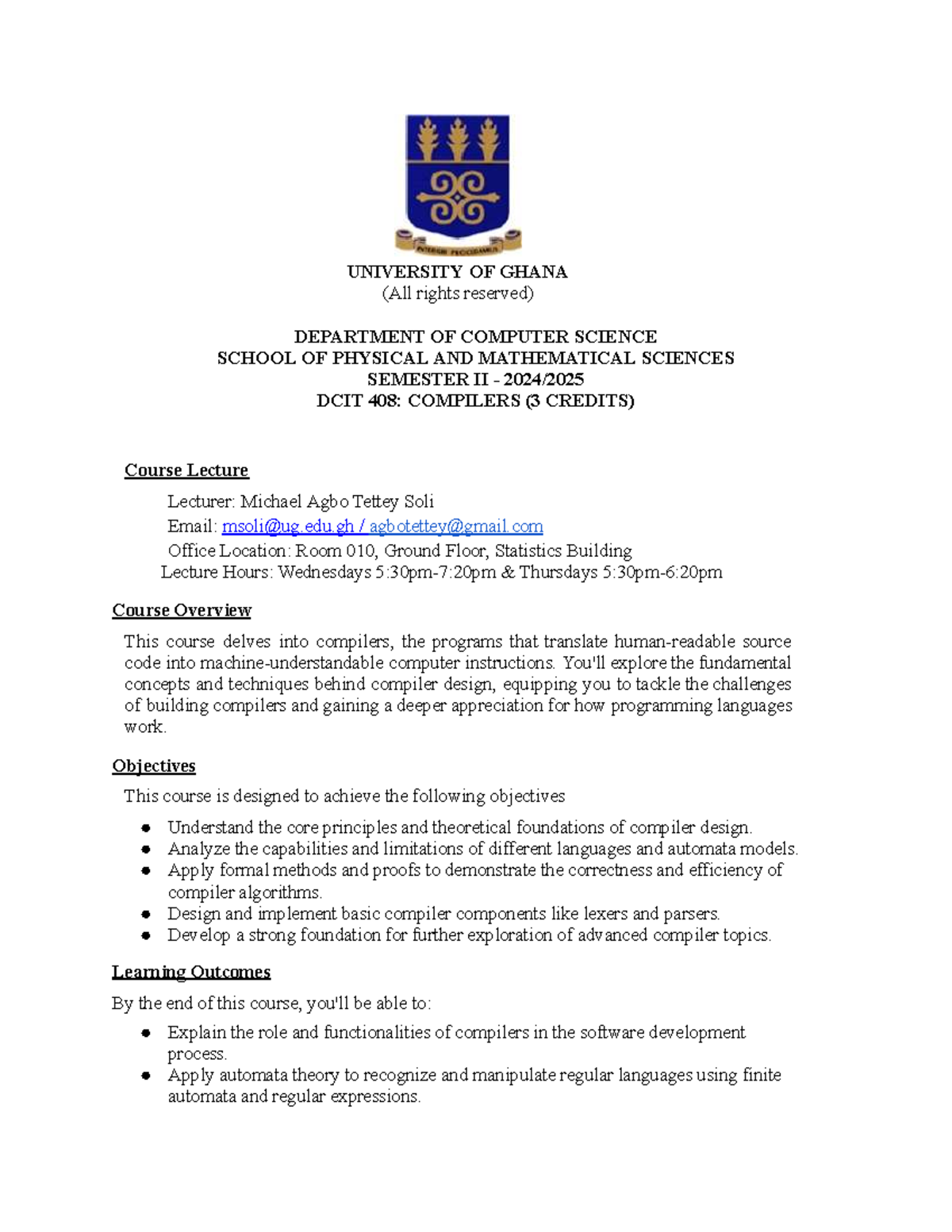 DCIT 408 Compilers Course Outline for 2024-2025 - Studocu
