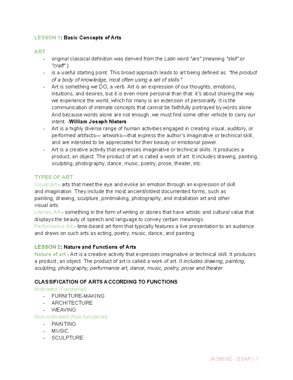 ART 002 P1: Comprehensive Review on Basic Concepts of Art - Studocu