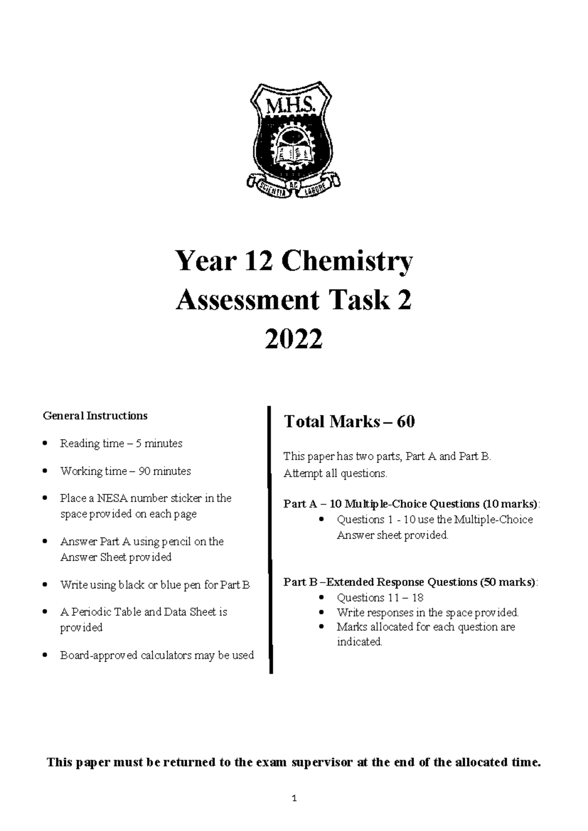 2022 Yr 12 Chemistry Assessment Task 2: Organic Chemistry Test - Studocu