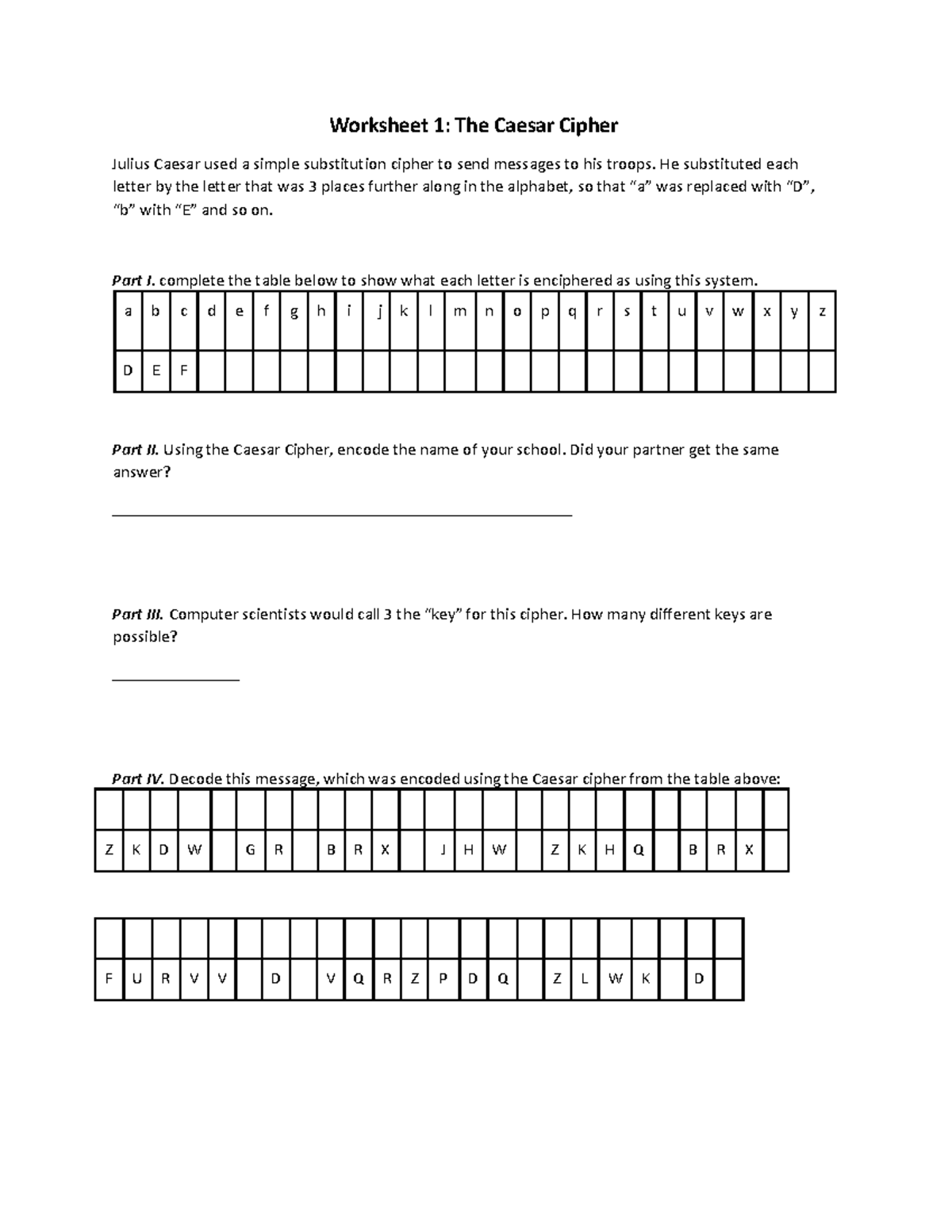 Worksheet 1: The Caesar Cipher Activity and Encoding Techniques - Studocu