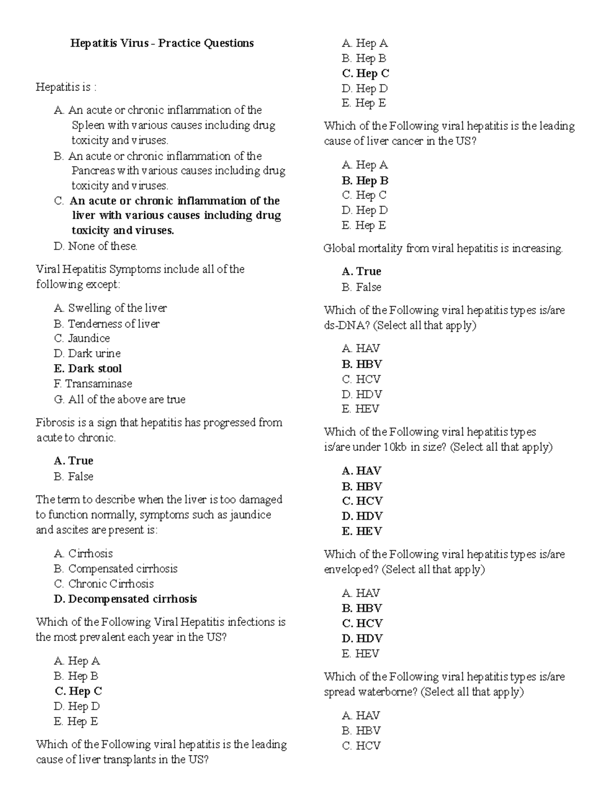 Hepatitis Virus Practice Questions - Study Guide & Key - Studocu