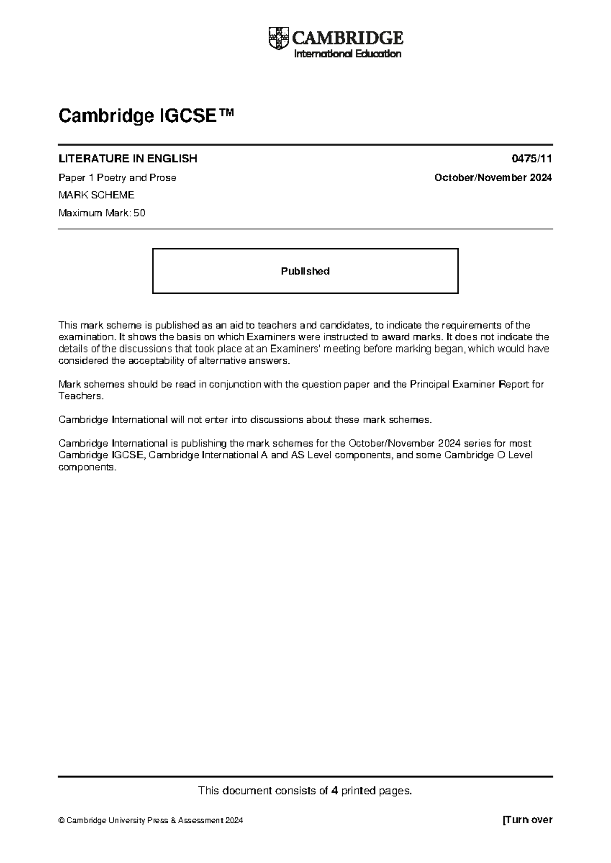 Cambridge IGCSE Literature in English 0475 Paper 1 Poetry & Prose Mark ...