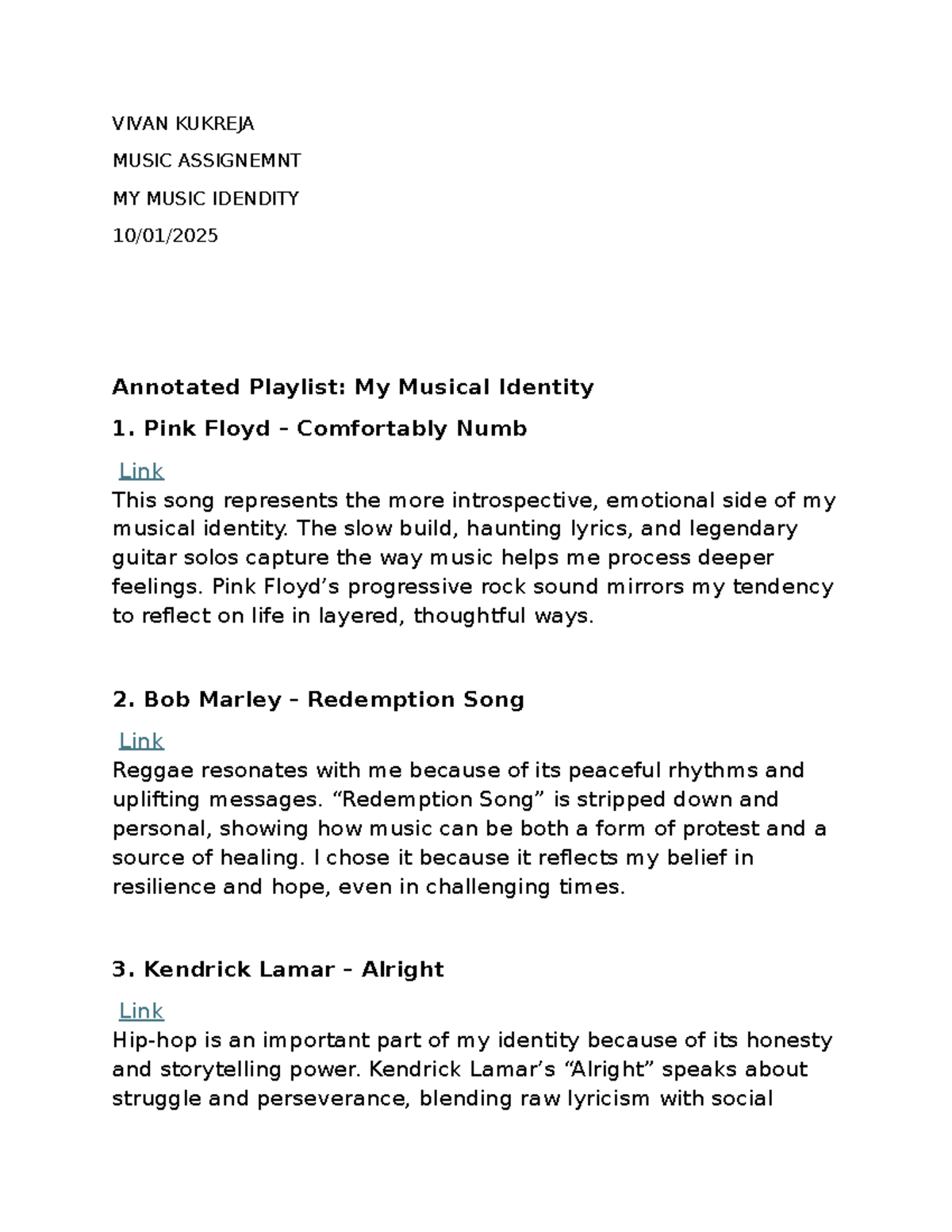 MUSC 101: My Musical Identity - Annotated Playlist Assignment - Studocu
