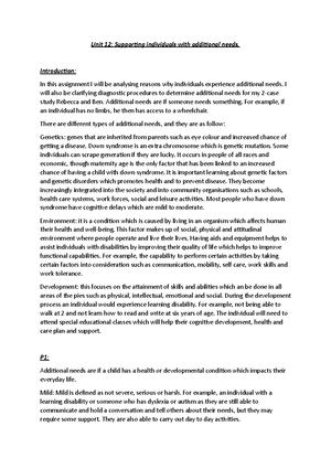 UNIT 12 Additional Needs TASK 2 - Unit 12 task 2: P2: The biomedical ...
