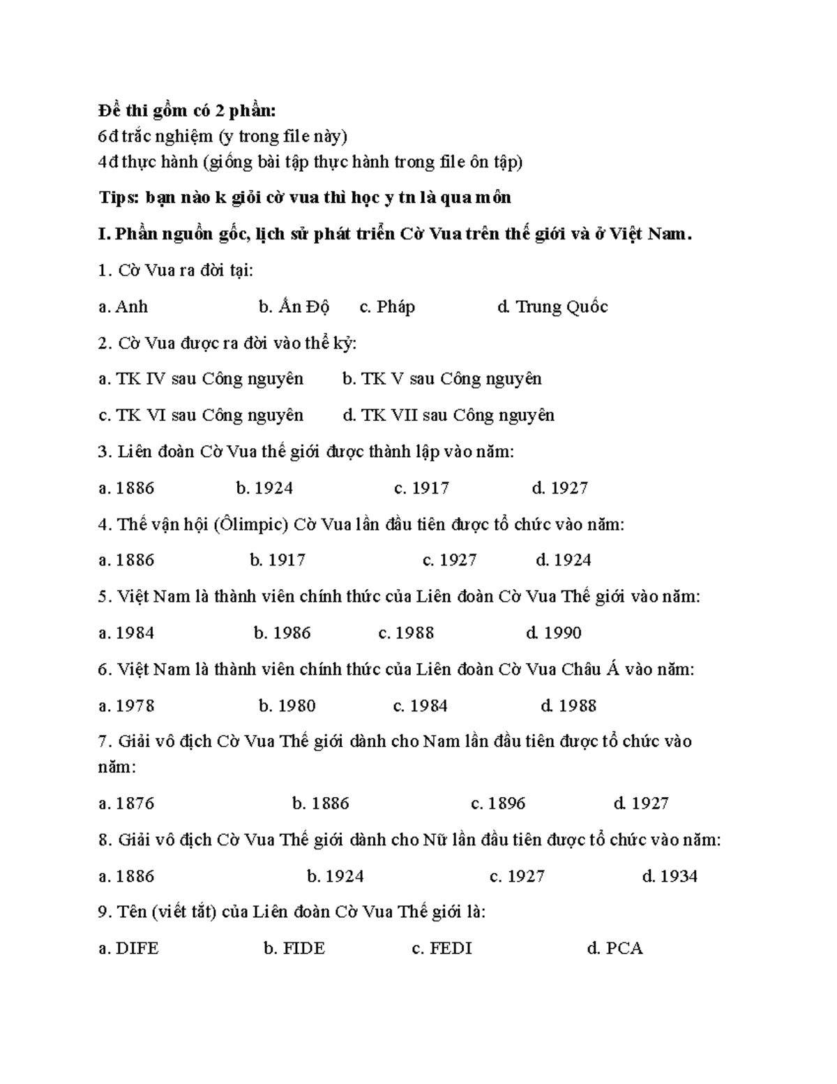 Cờ Vua - Đề Thi Thực Hành và Trắc Nghiệm (Môn Cờ Vua) - Studocu