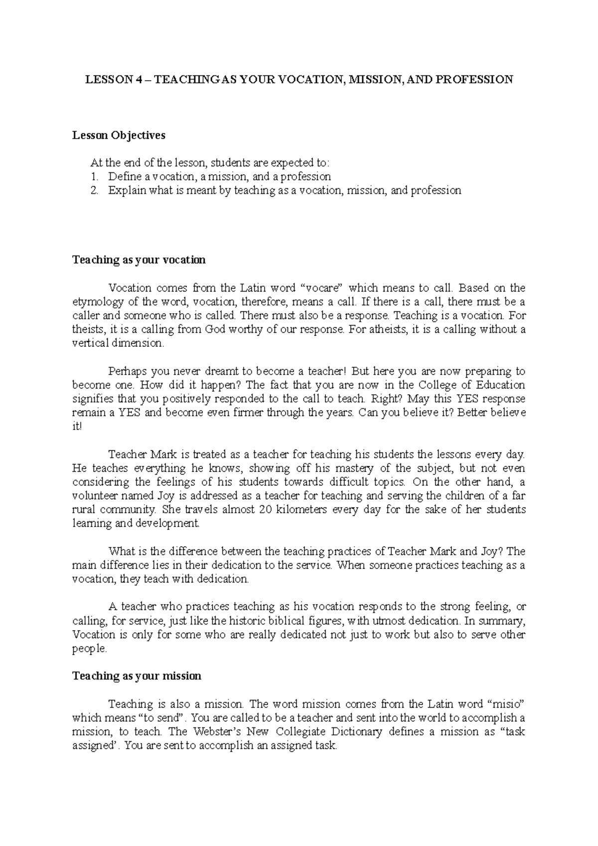 Chapter 1 Lesson 4: Understanding Teaching as Vocation, Mission, and ...