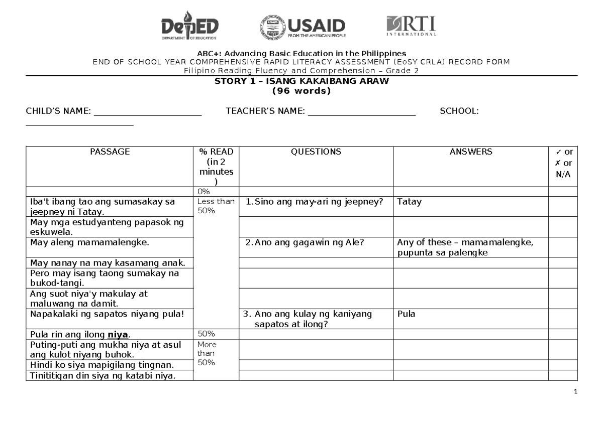 EoSY CRLA Record Form: Filipino Reading Fluency & Comprehension Grade 2 ...