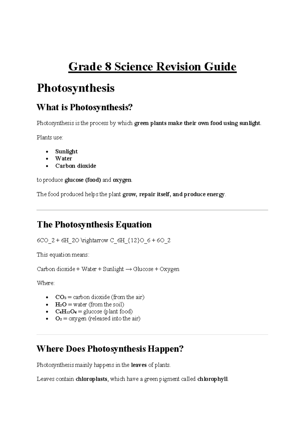 Grade 8 Science Revision Guide: Understanding Photosynthesis - Studocu