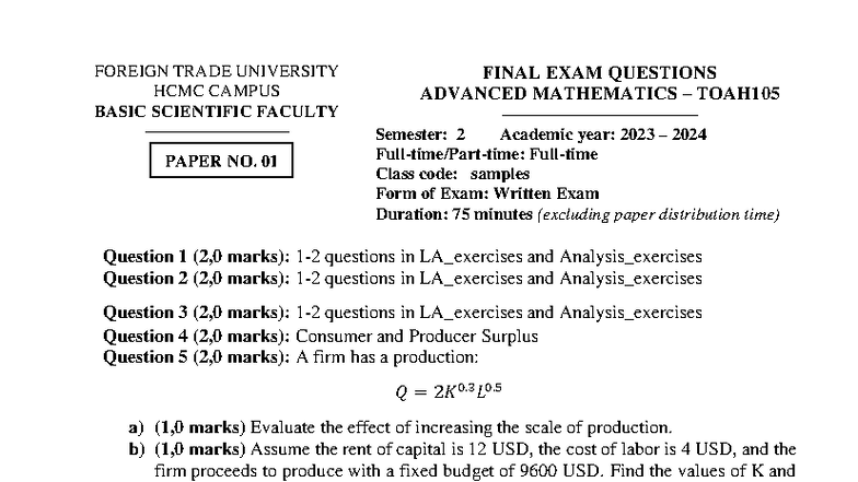 TOAH105 Advanced Mathematics Final Exam Questions - Semester 2 2023 ...