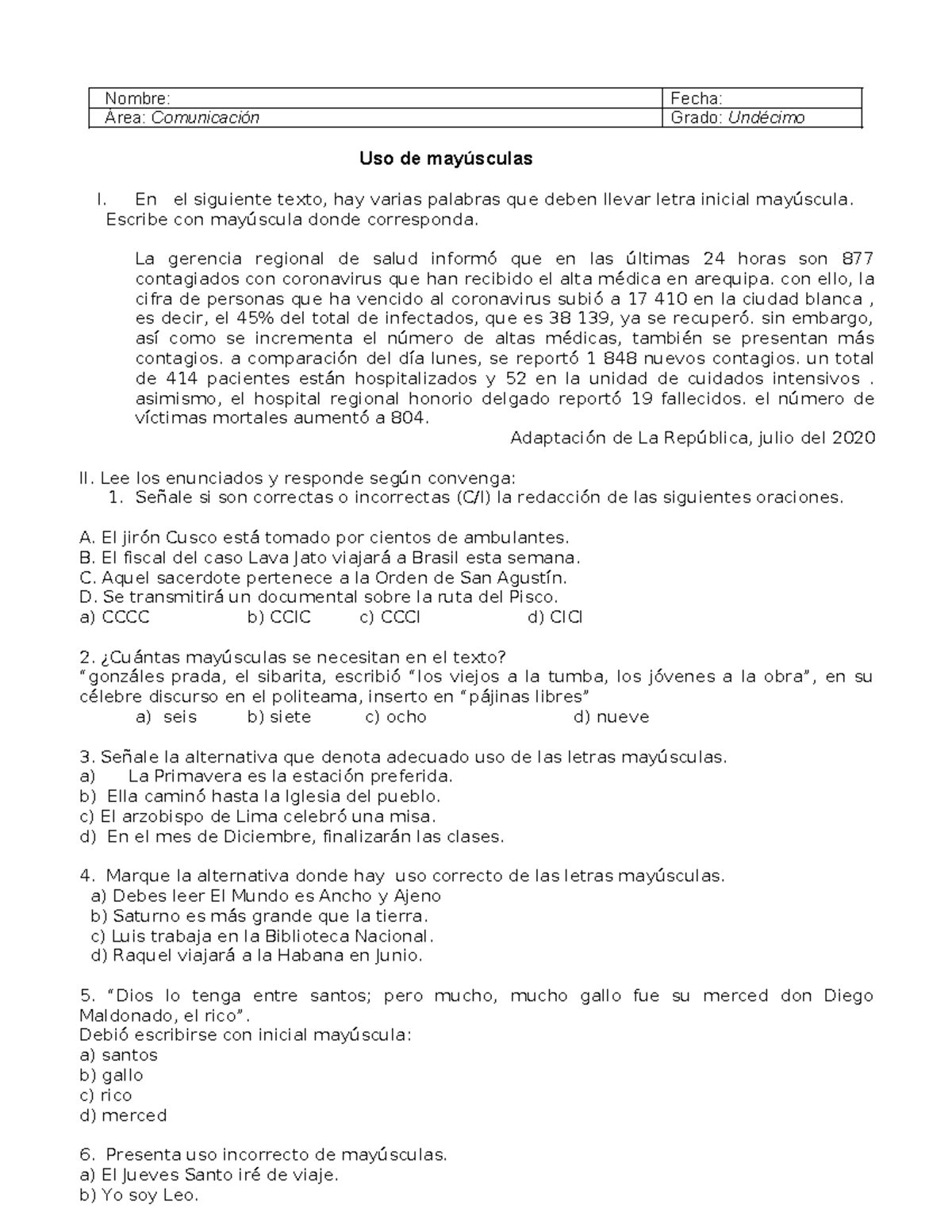 Uso de Mayúsculas - Ficha de Ejercicios y Respuestas (Grado 11) - Studocu