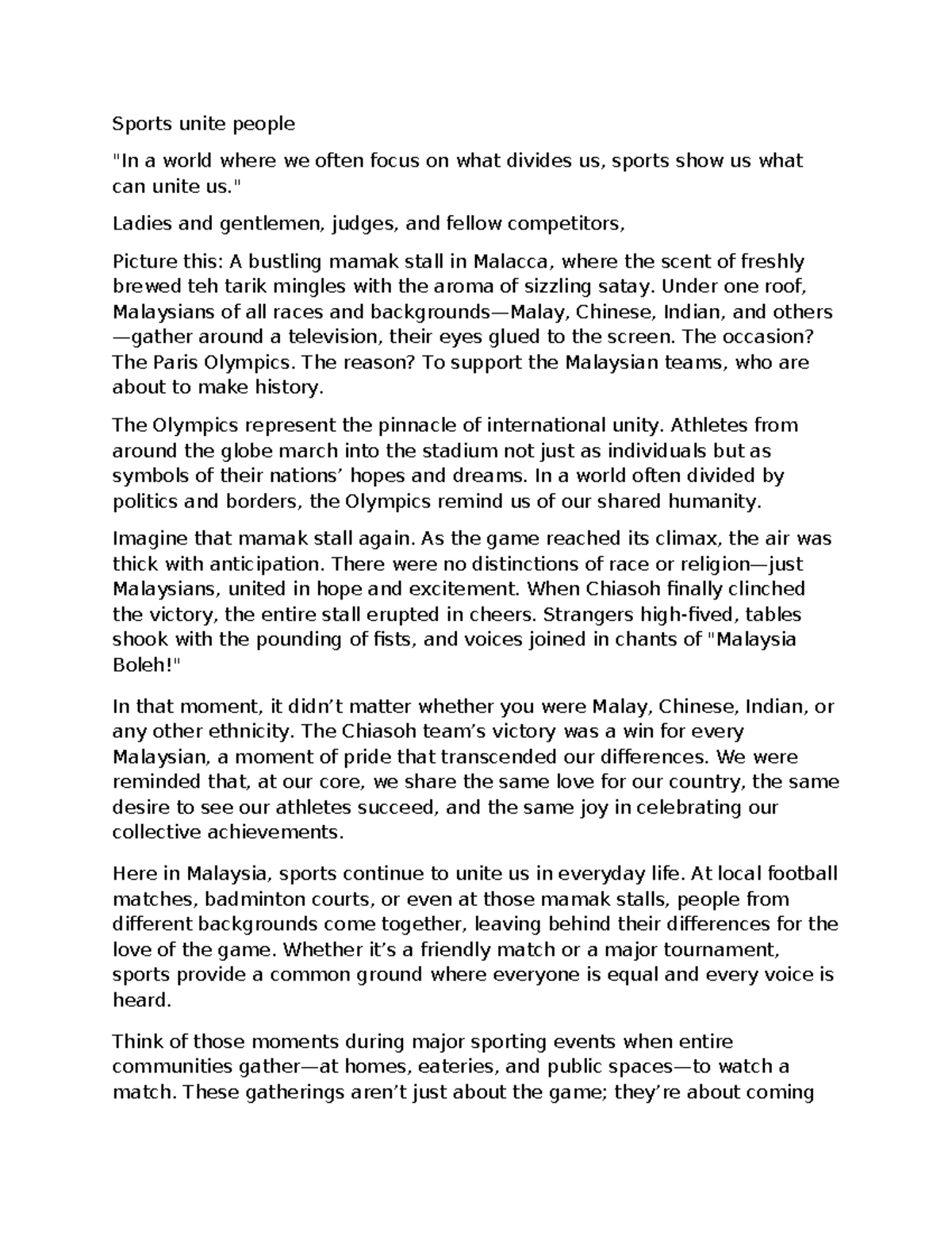 ENG 101: Sports Unite People - An Essay on National Unity Through ...