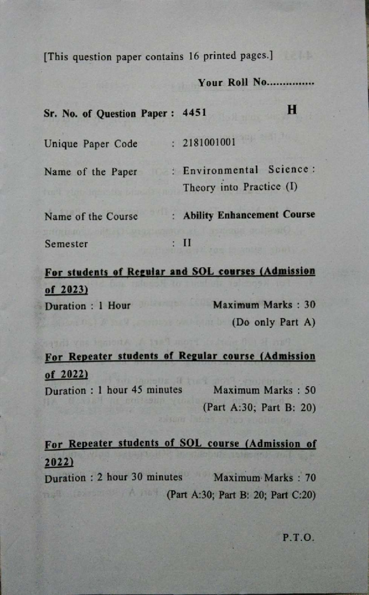 EVS-1 Question Paper: Theory into Practice (I) PYQ NEP 2024 - Studocu