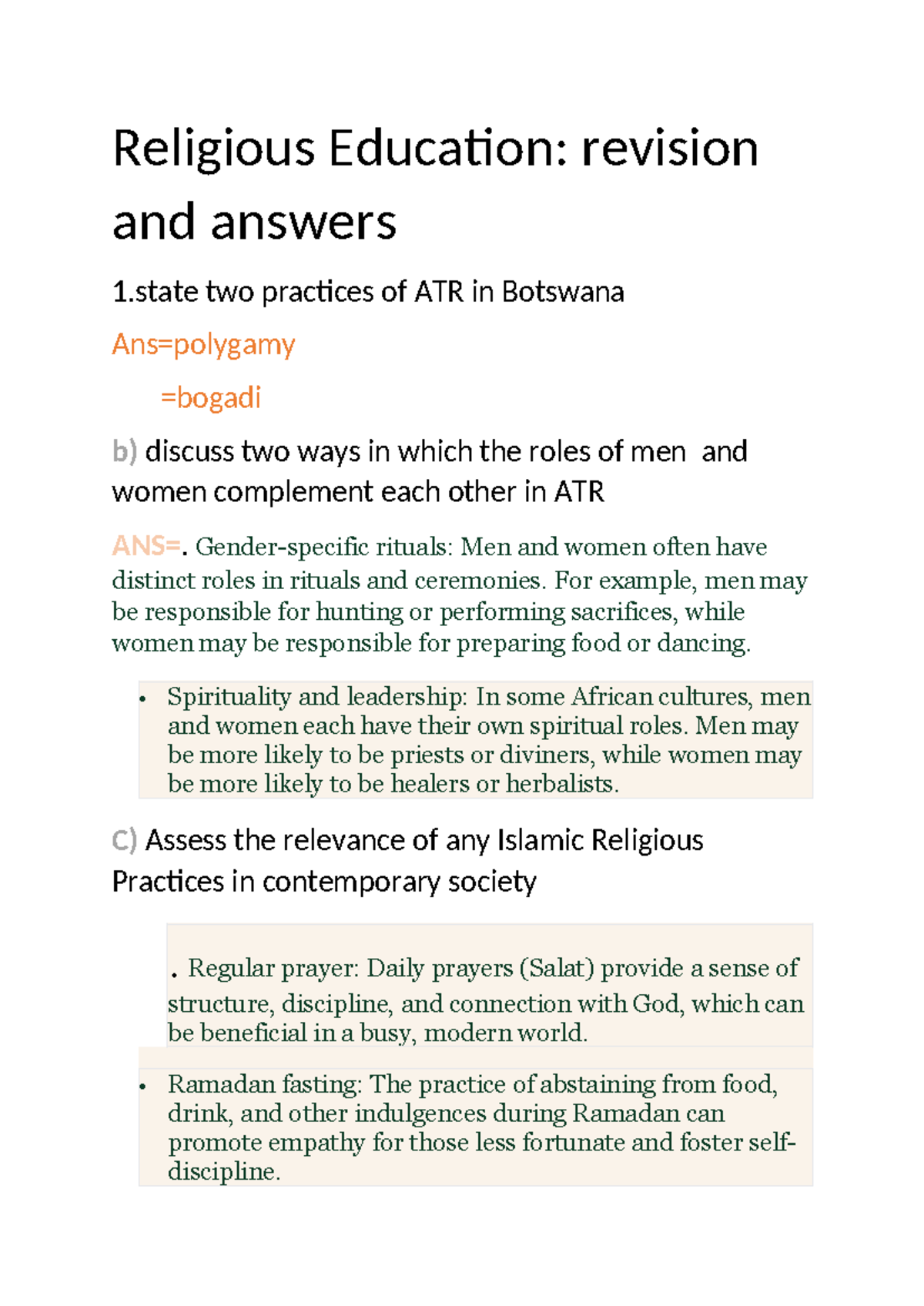 Religious Education: Revision Notes & Answers for ATR Practices - Studocu