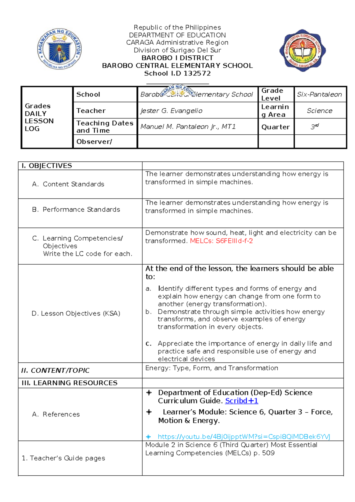 Energy Transformation in Simple Machines - CO2 Lesson Plan - Studocu