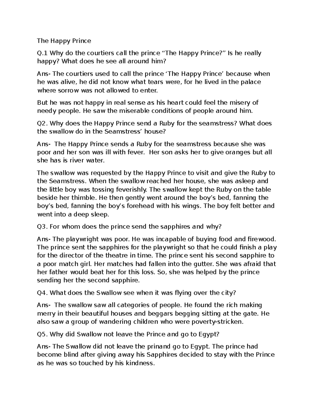 The Happy Prince - Analysis & Insights on Key Questions - Studocu