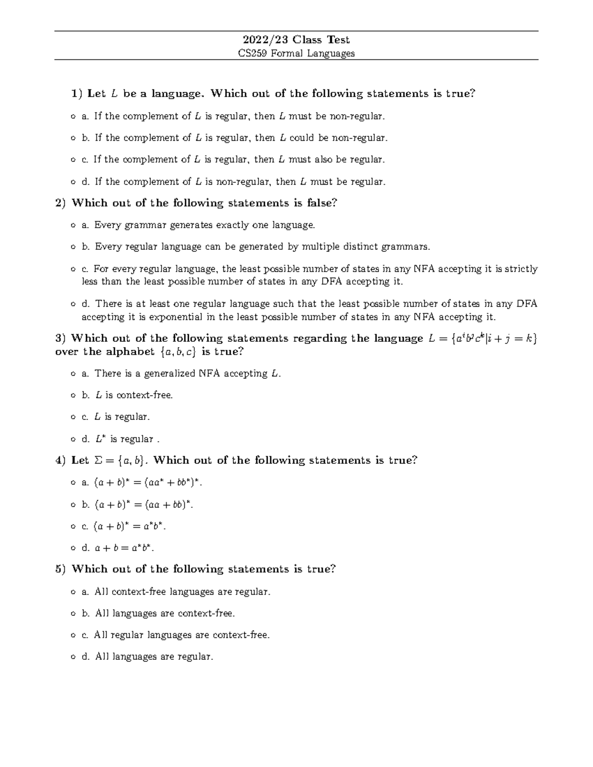 CS259 Formal Languages Class Test Review and Practice Questions - Studocu