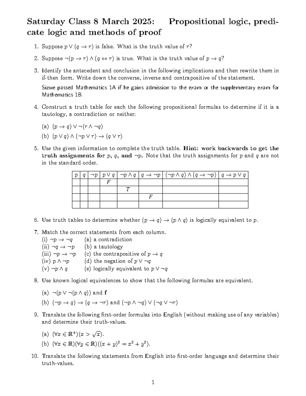 Worksheet: Propositional Logic & Proof Methods - Sat 8 Mar 2025 - Studocu