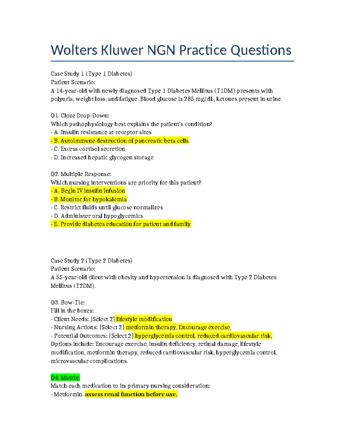 NGN Diabetes Case Study Questions: T1DM & T2DM Scenarios - Studocu