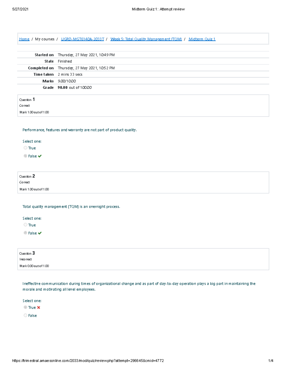 UGRD-MGT6140A-2033T TQM Midterm Quiz 1 Performance Insights - Studocu