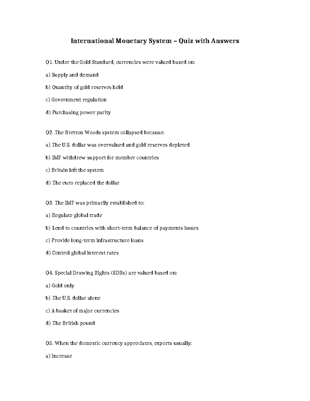 INTL 101: International Monetary System Quiz with Answers - Studocu