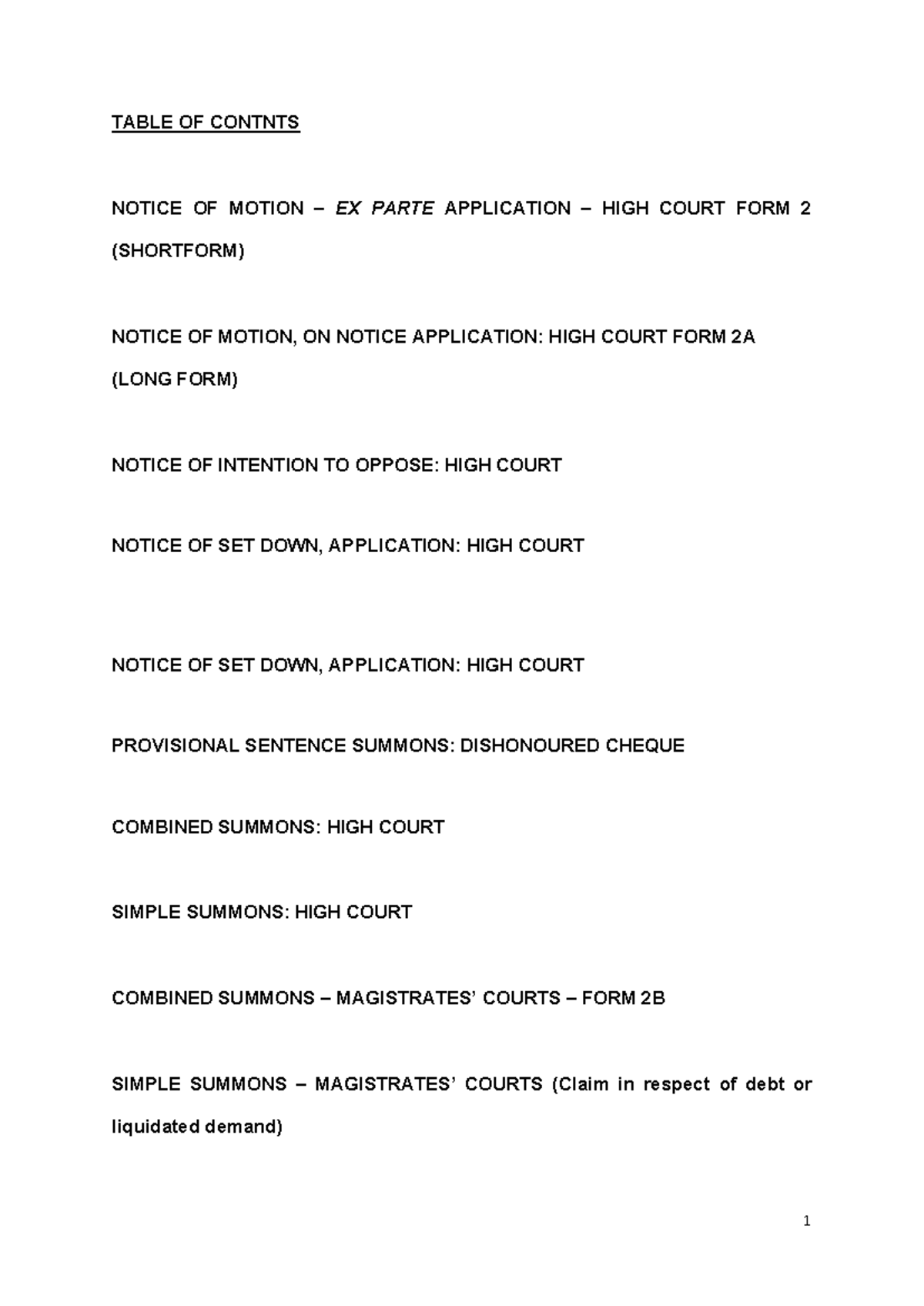 High Court Application Procedures & Summons Forms Guide - Studocu