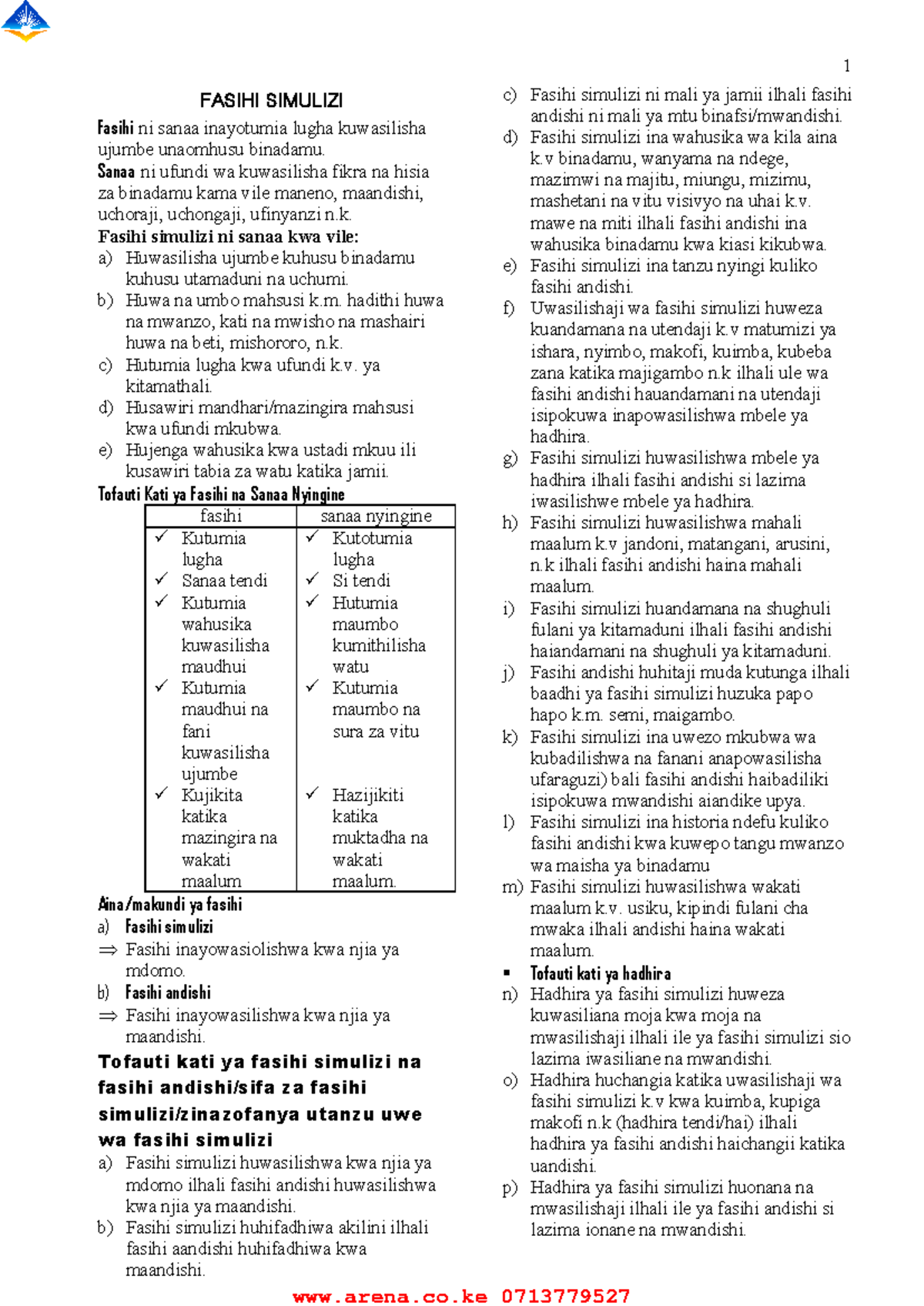 Fasihi Simulizi - Noti za Msingi na Kazi za Nyumbani - Studocu