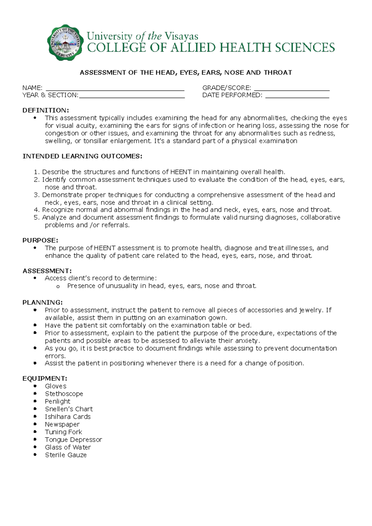 HEENT Assessment Checklist: Guidelines for Clinical Evaluation - Studocu