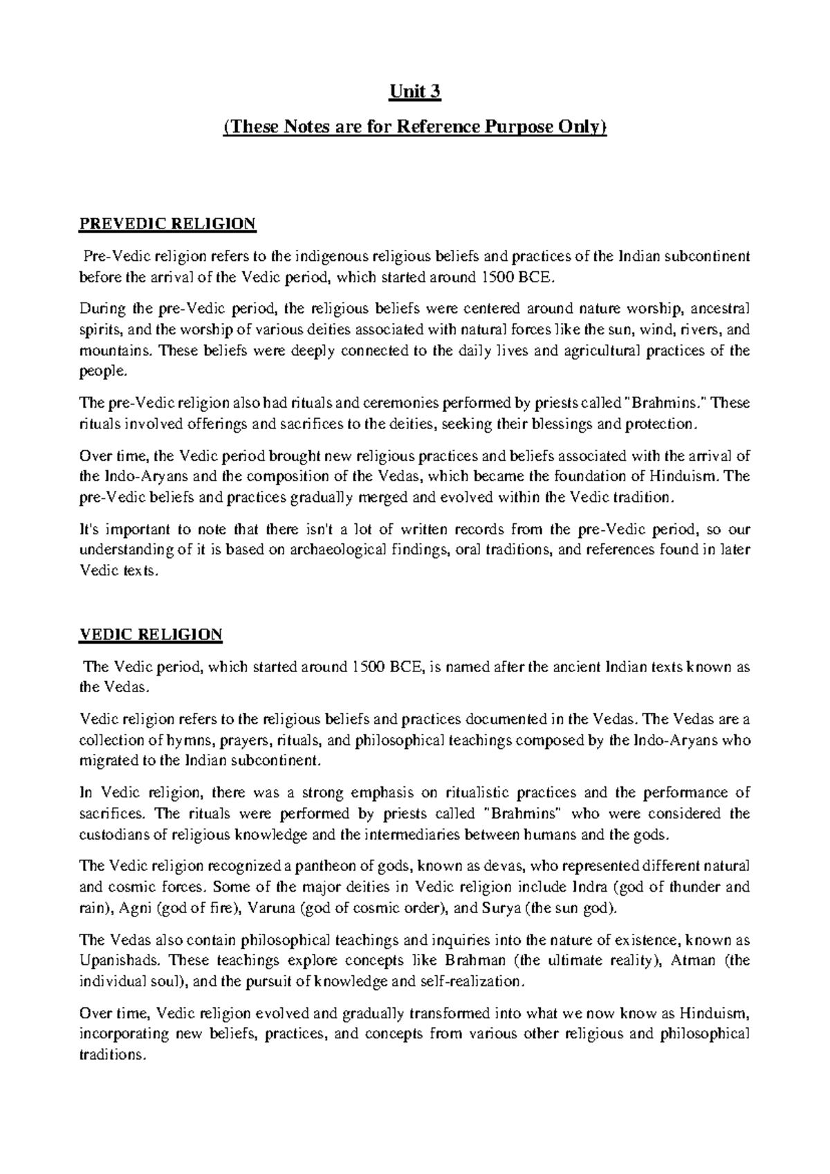 Unit 3 ITCS - Detailed Notes on Pre-Vedic and Vedic Religions - Studocu