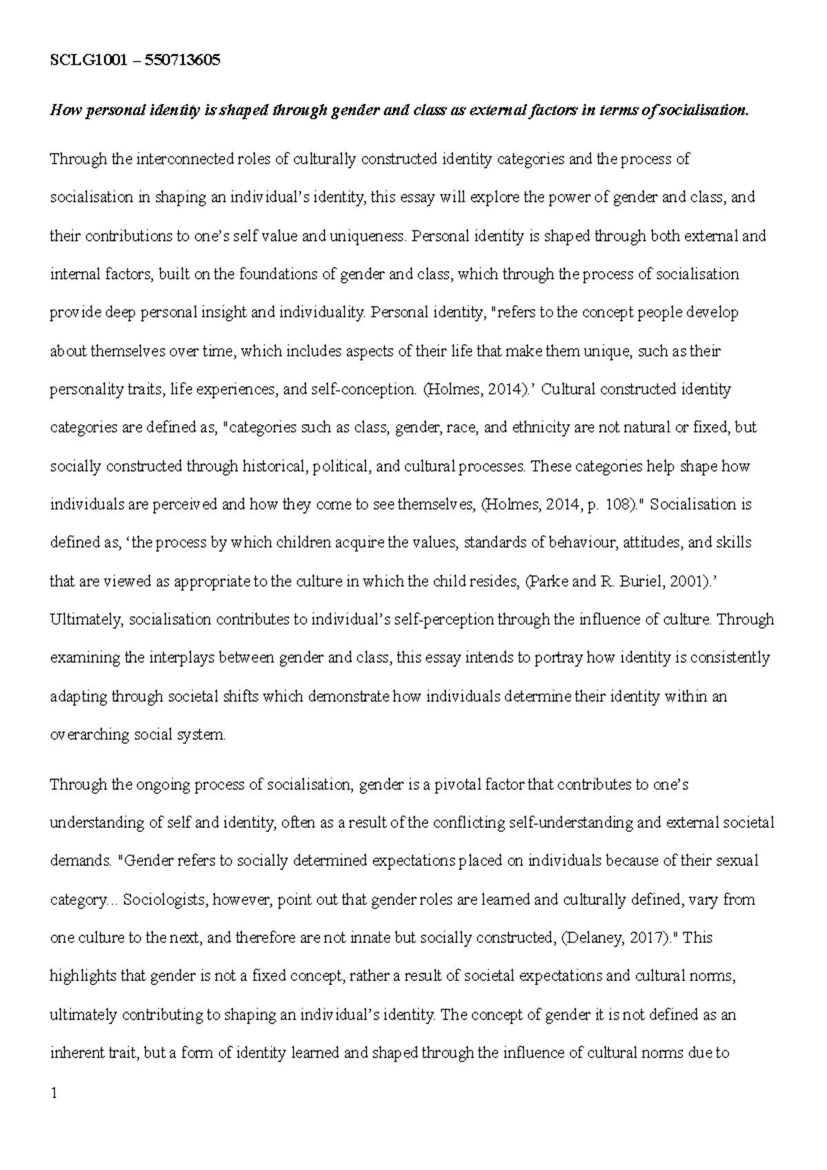 SCLG1001 Final Essay: The Impact of Gender and Class on Personal ...
