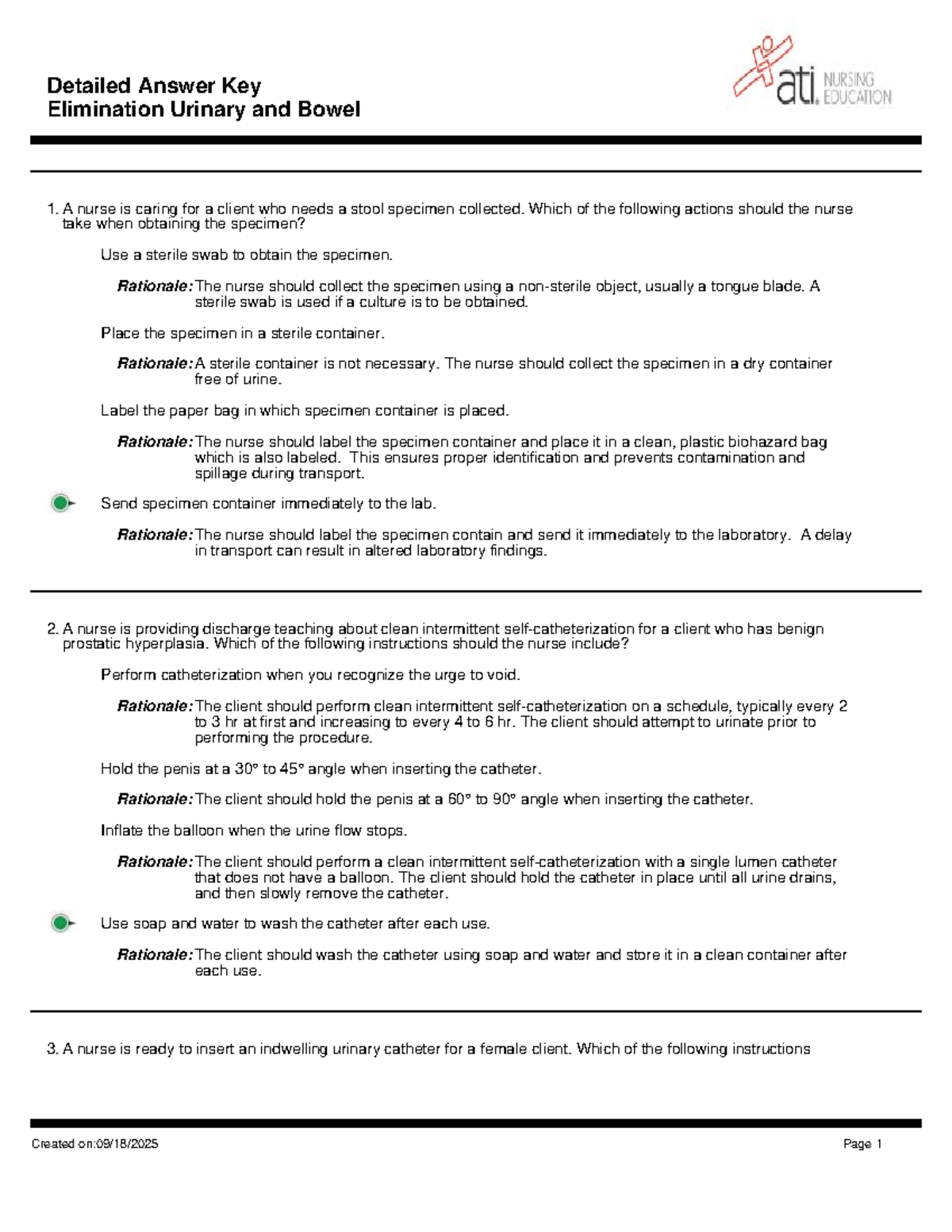 Answer Key: Elimination Urinary and Bowel (Nursing Care) - Studocu