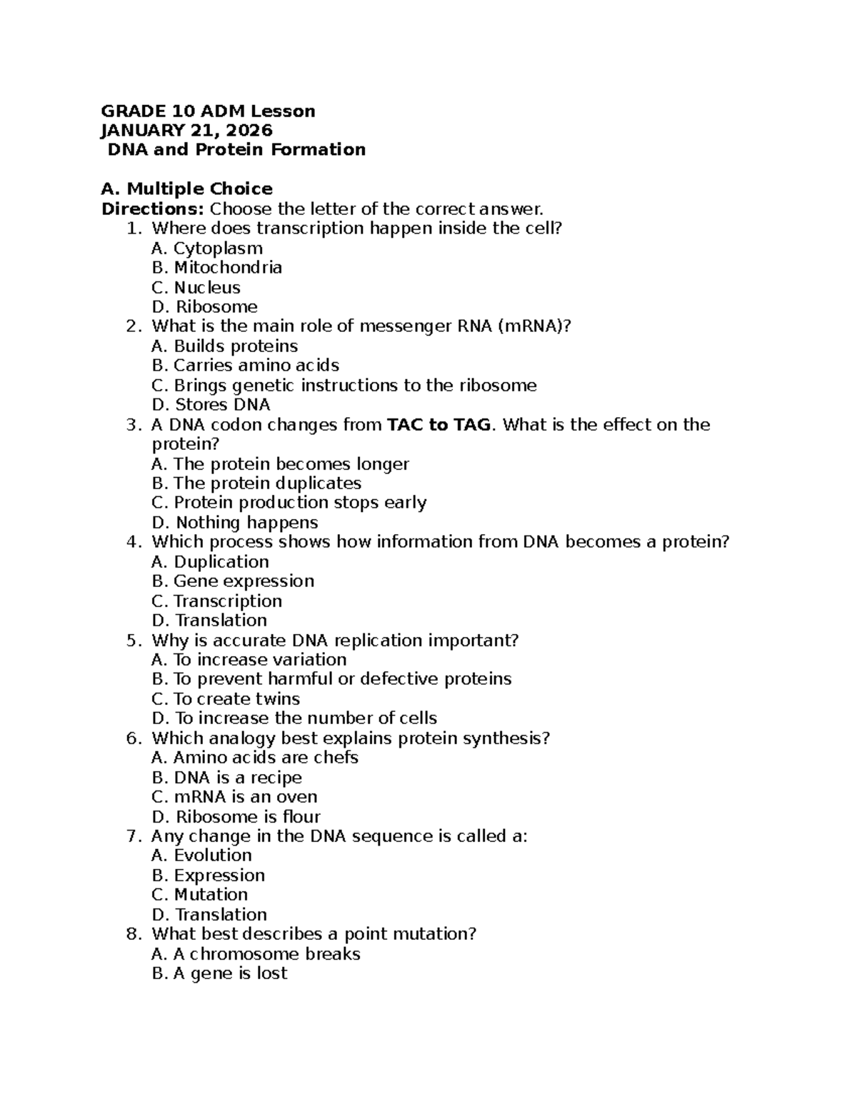 GRADE 10 ADM Lesson: DNA & Protein Formation Quiz - Jan 21, 2026 - Studocu