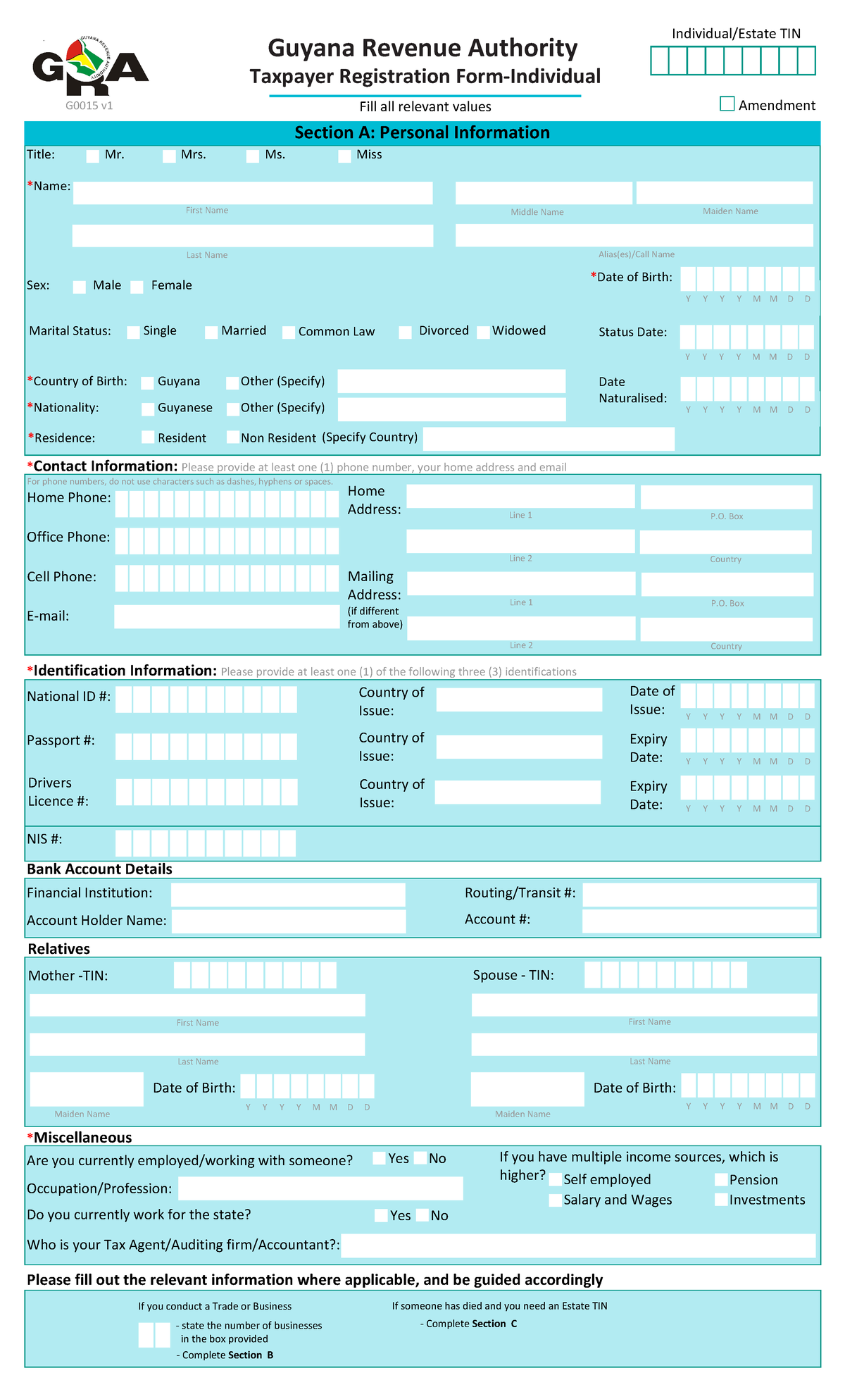 G0015 Taxpayer Registration Form for Individuals in Guyana - Studocu