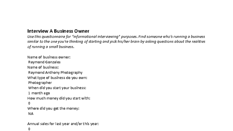 Interview A Business Owner: Raymond Anthony Photography Insights - Studocu