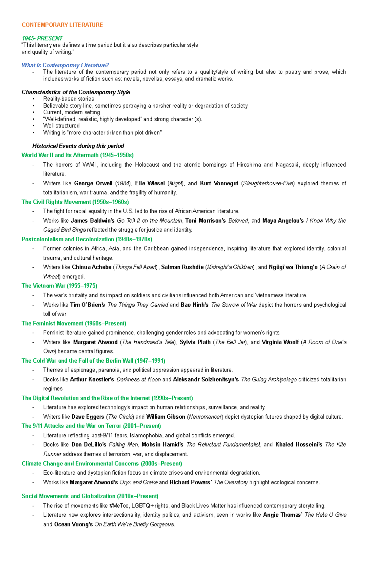 Lesson 2 Contemporary Literature- Notes - CONTEMPORARY LITERATURE 1945 ...