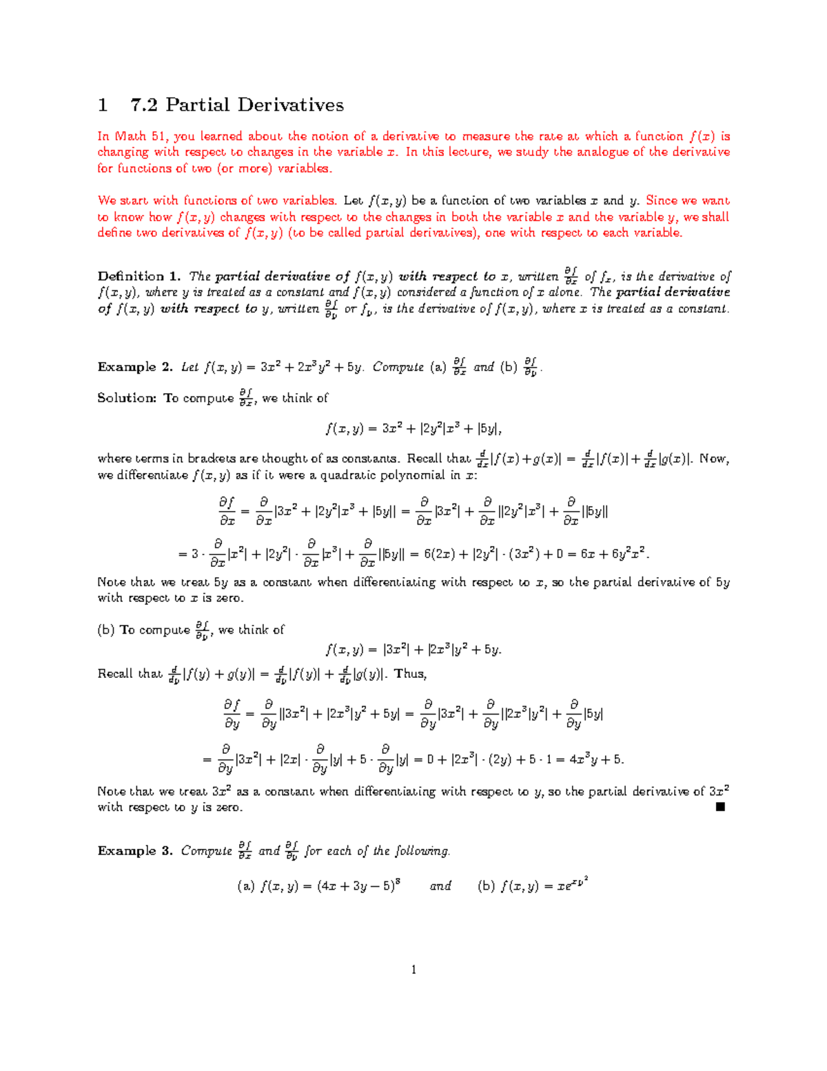 Math 51 Lecture: 7.2 Partial Derivatives Explained - Studocu