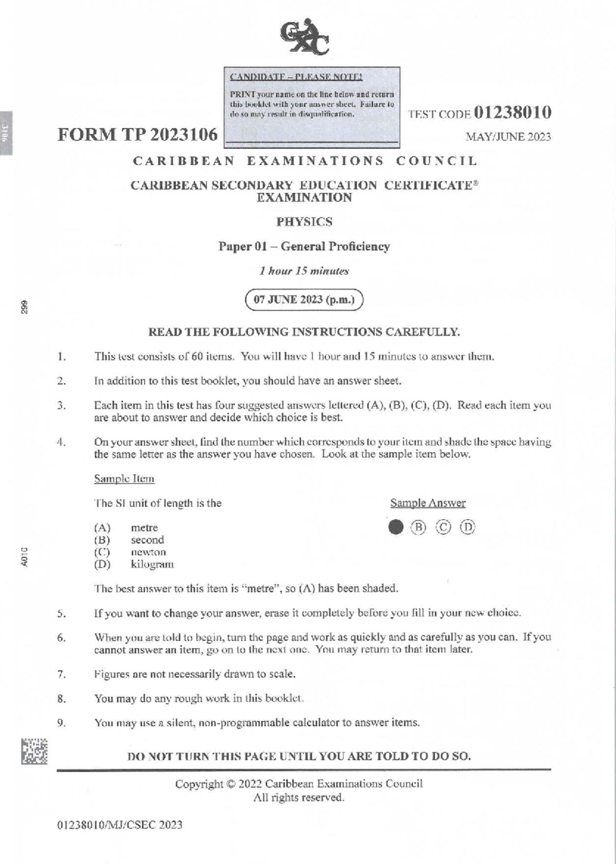 CSEC PHYSICS Paper 01 General Proficiency Test Code 0123801 2023 - Studocu