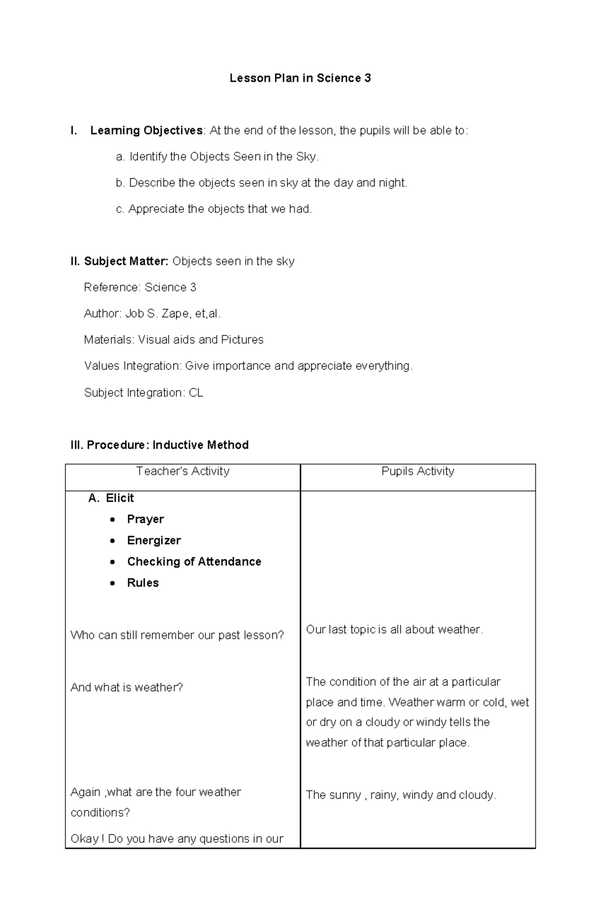 Science 3 Lesson Plan: Objects Seen in the Sky - Studocu