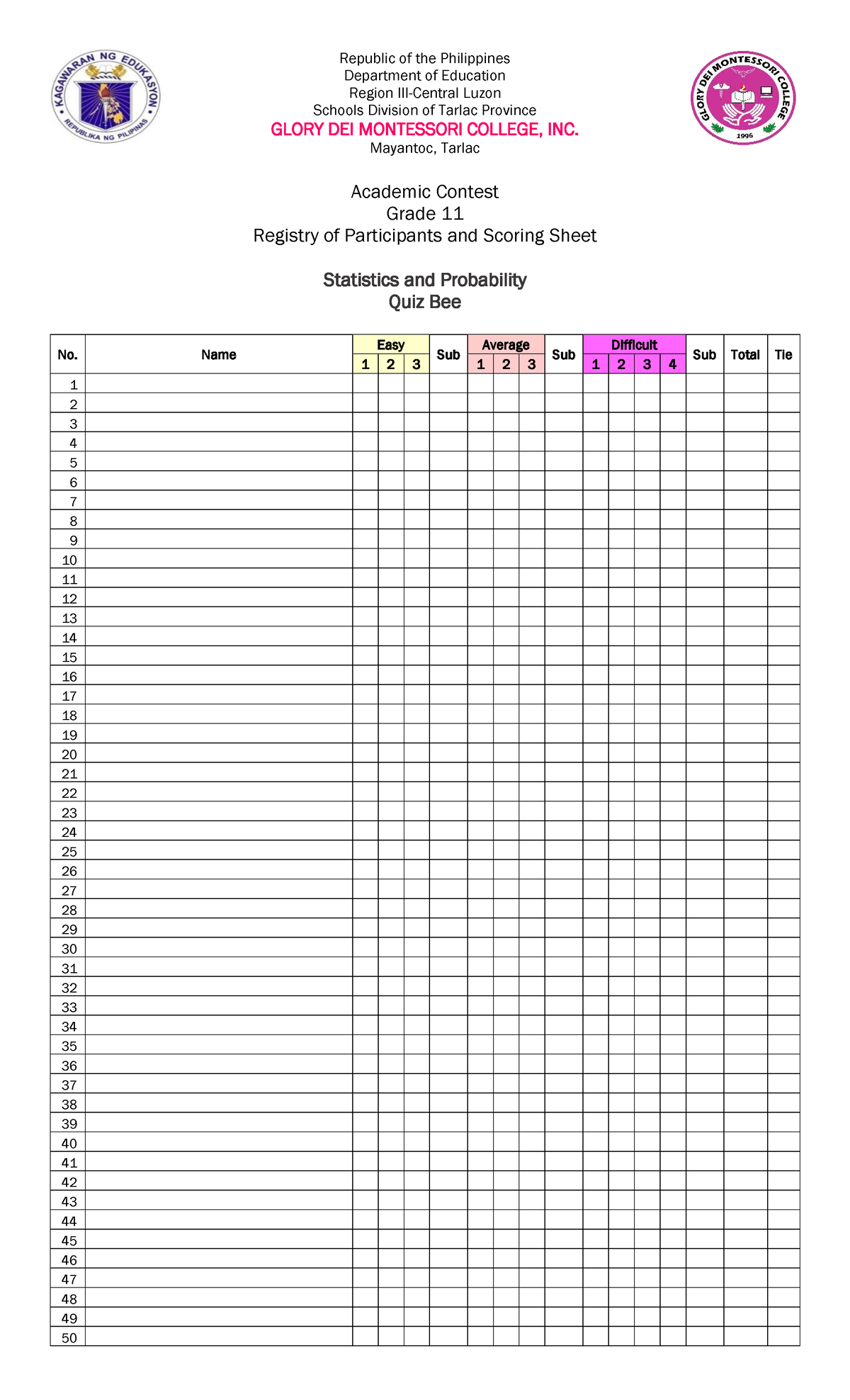 Quiz Bee Registry & Scoring Sheet for Grades 10 & 11 - Studocu