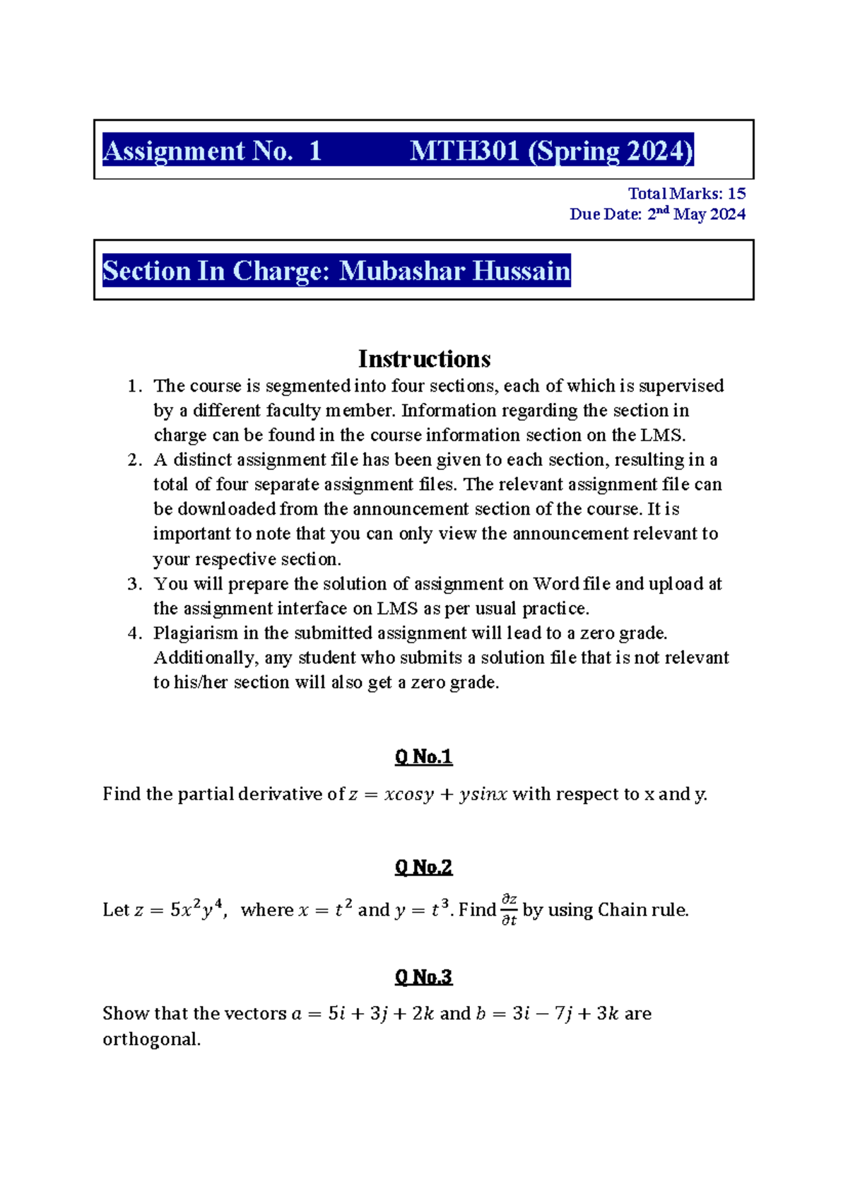 Assignment No.1 MTH301 Section Incharge Mubashar Hussain - Assignment ...