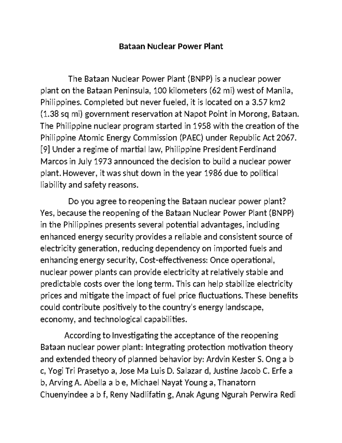 BNPP Case Study: Reopening the Bataan Nuclear Power Plant - Studocu