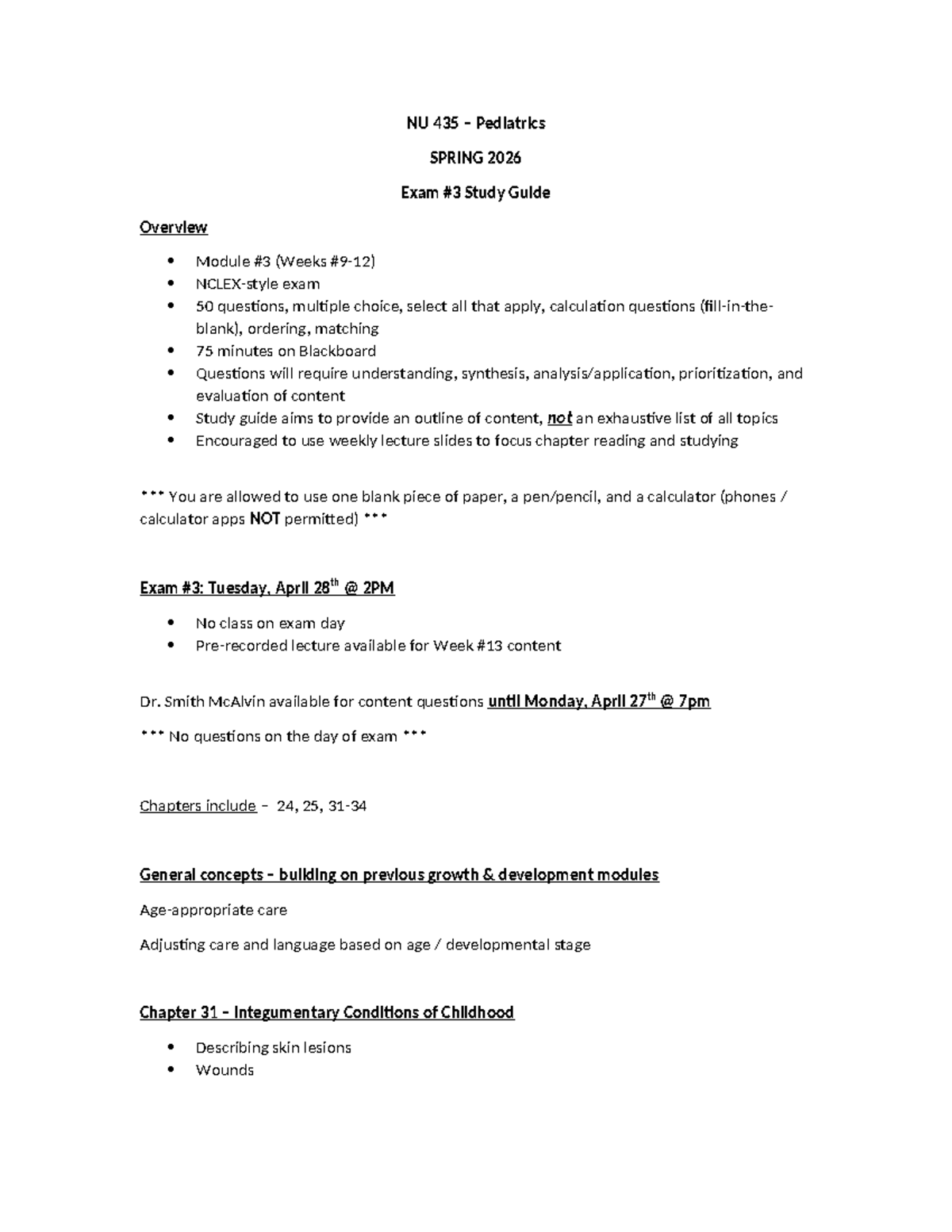 NU 435 Pediatrics SPRING 2026 Exam #3 Study Guide Overview - Studocu