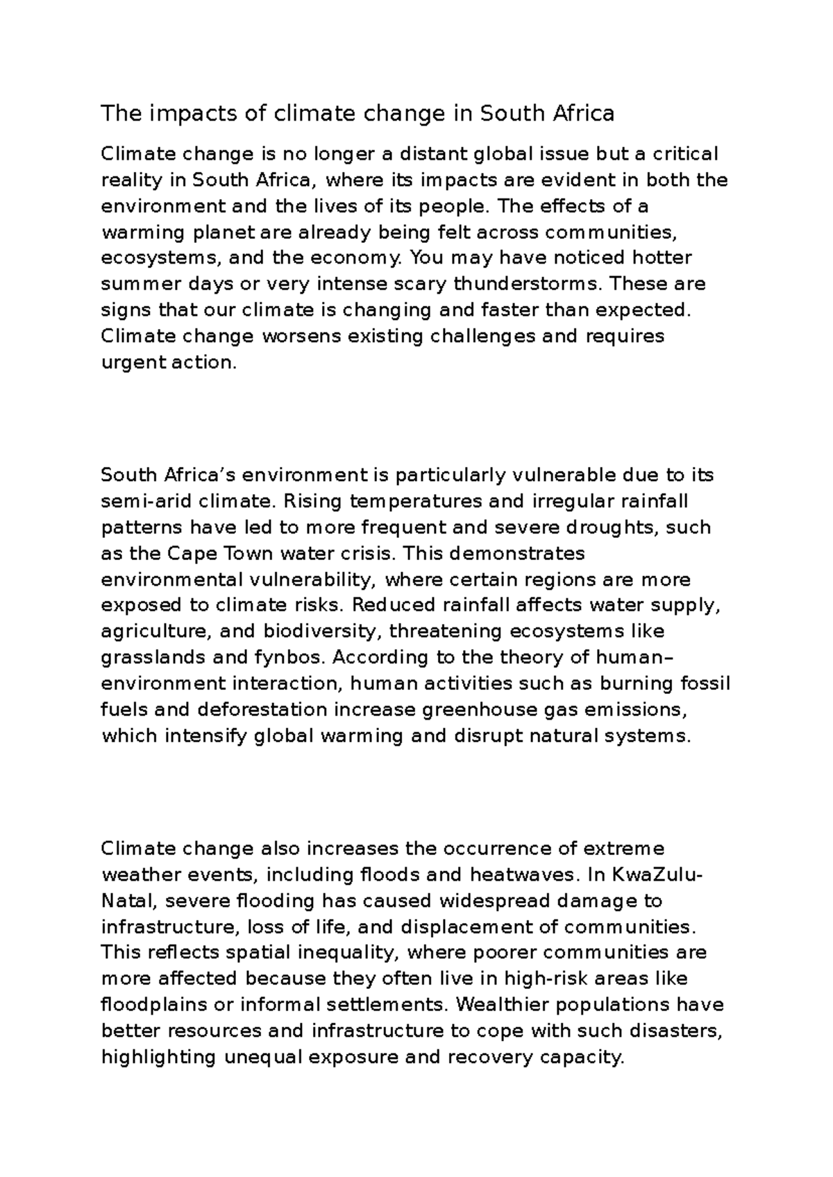 Impacts of Climate Change in South Africa: Urgent Action Needed - Studocu