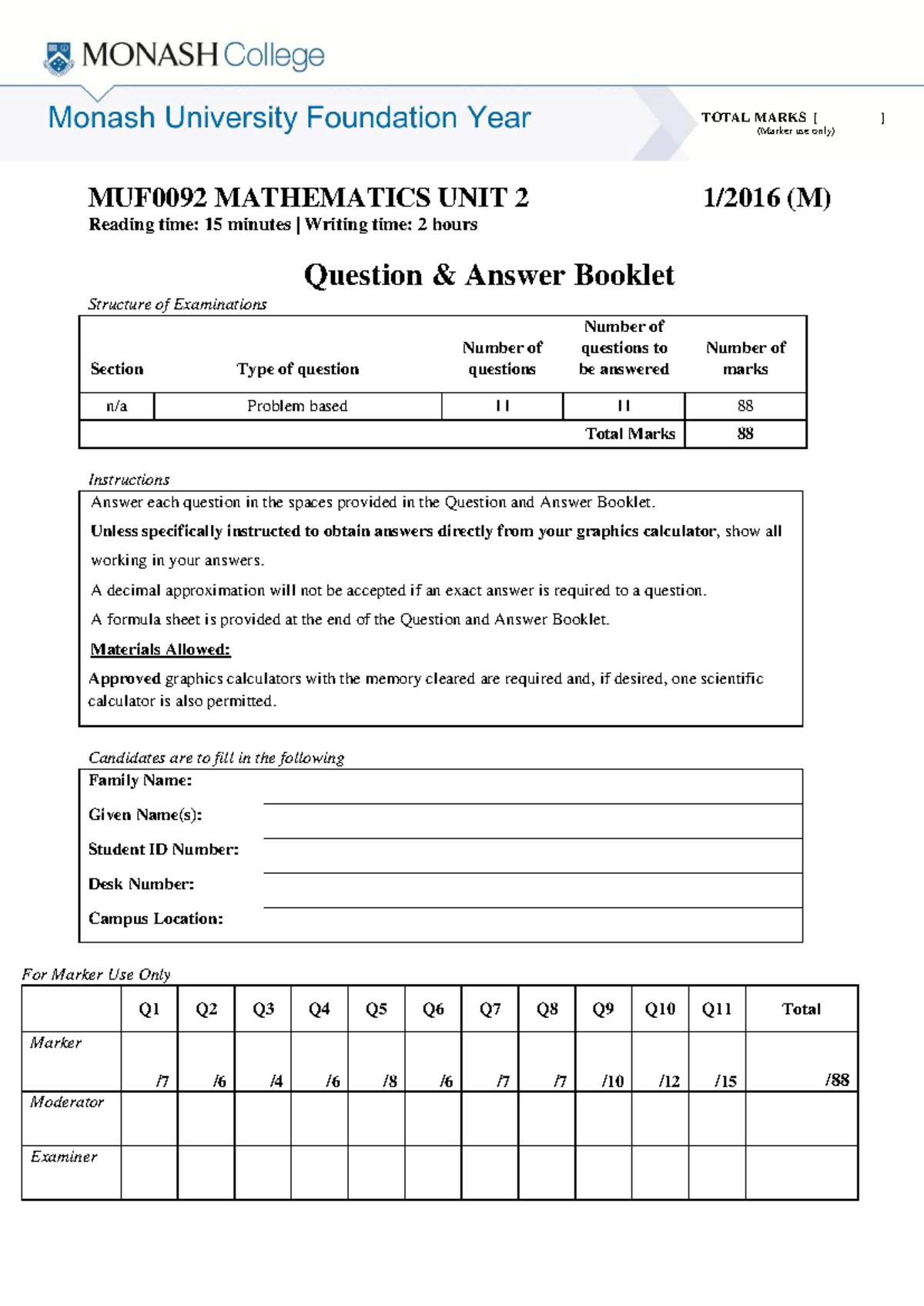 MUF0092 Mathematics Unit 2 Final Exam Paper - 2016 Semester 1 - Studocu