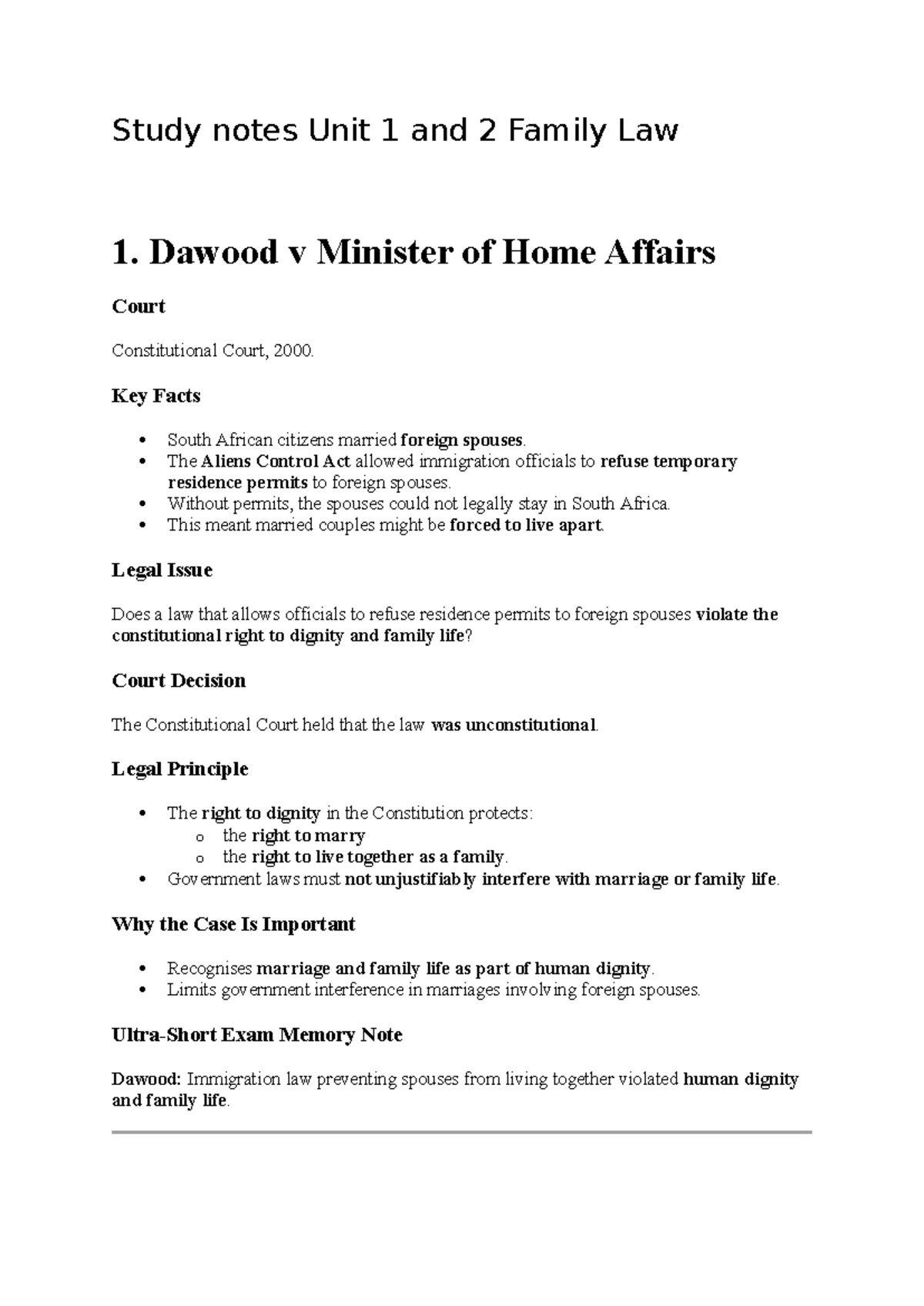 Family Law Study Notes: Units 1 & 2 Overview and Key Cases - Studocu